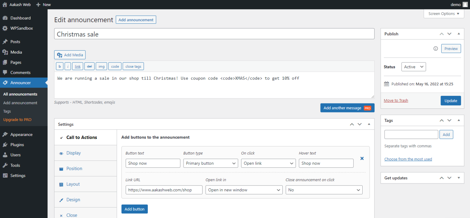 How to add an Announcement with Countdown Timer